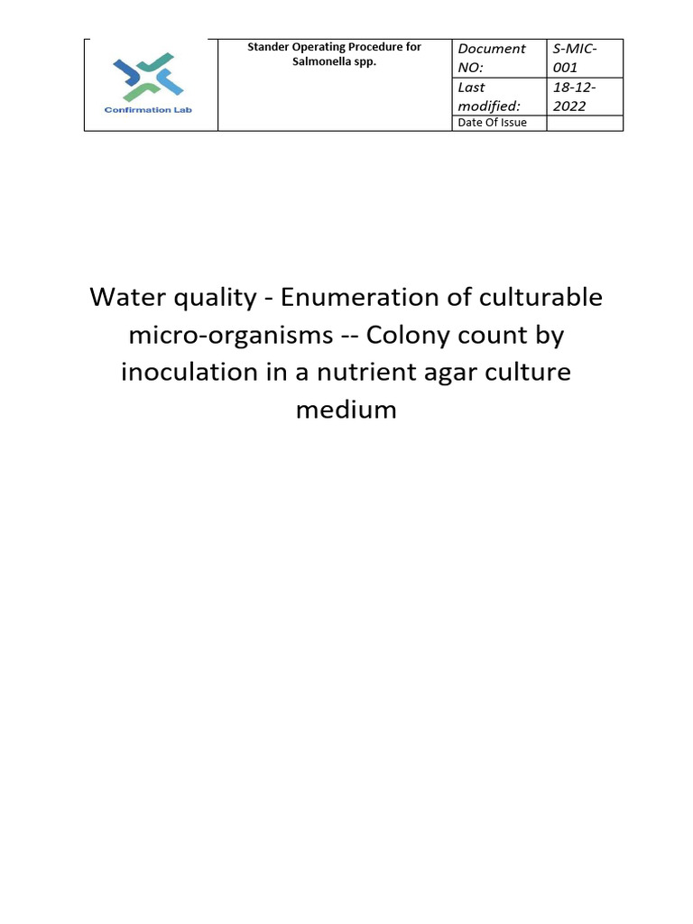 Salmonella Enumeration SOP for Water | PDF | Colony Forming Unit