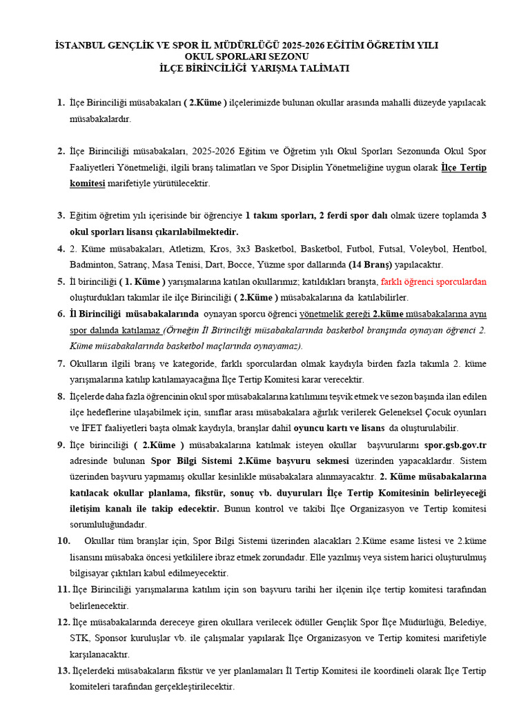 2025 2026 Okul Sporlari 2 Kume (Ilce) Yarisma Talimati | PDF