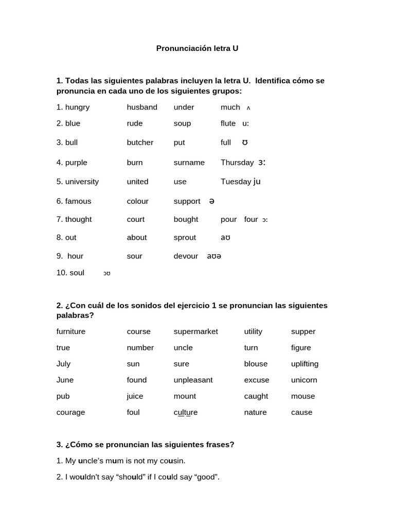 Pronunciación de la letra U en inglés | PDF