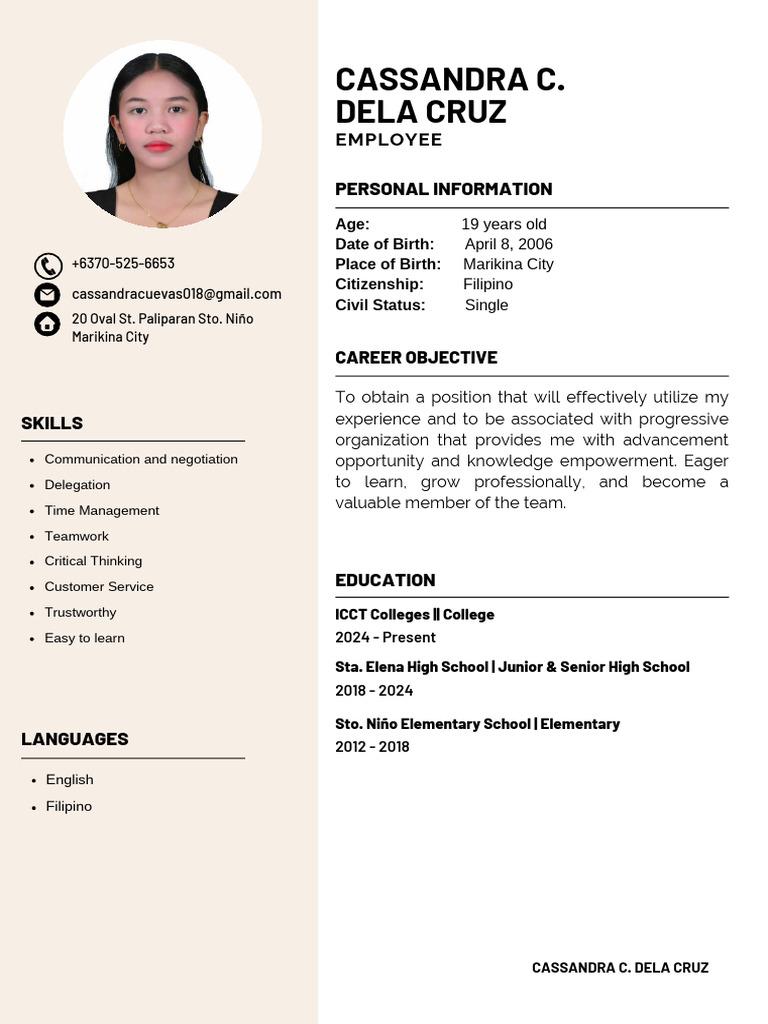Resume of Cassandra C. Dela Cruz | PDF