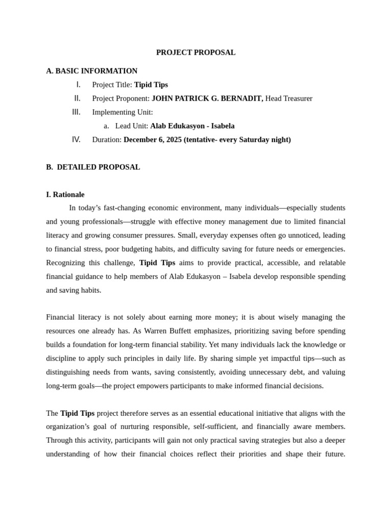 Project Proposal- Tipid Tips | PDF | Disciplines | Financial Literacy