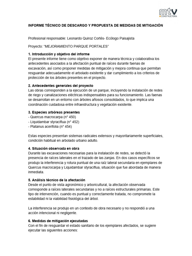 Informe Mitigacion Raices 15-12-2025 | PDF