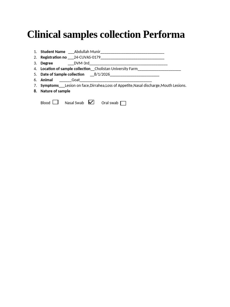 Clinical Samples Collection Performa Abdullah Munir | PDF