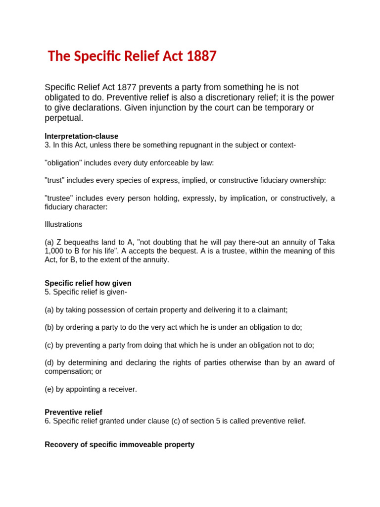 Specific Relief Act 1887 | PDF | Injunction | Breach Of Contract