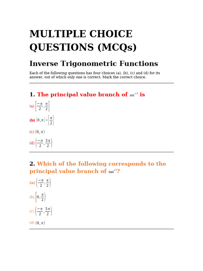 MCQs on Inverse Trigonometric Functions | PDF | Trigonometry | Chess ...