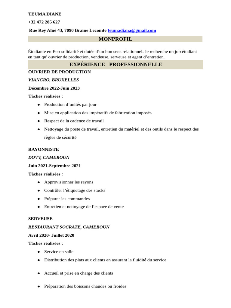 CV de Diane Teuma - Étudiante polyvalente | PDF