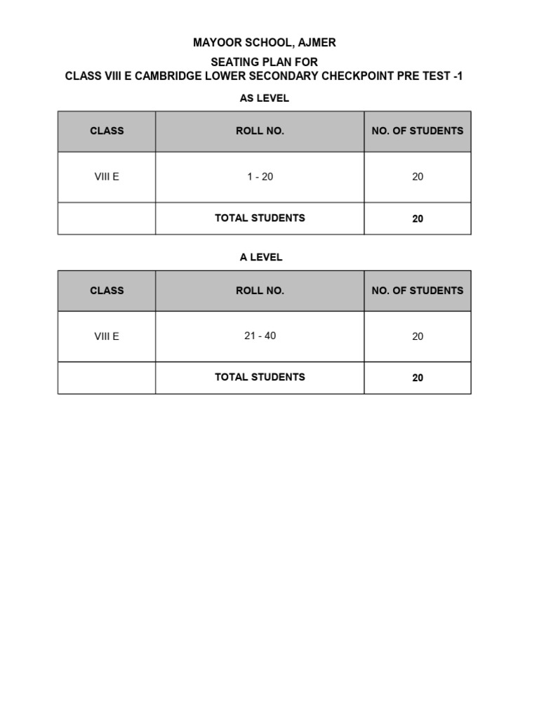 Seating Plan For - VIII E - Pre Test - I - 2026 | PDF