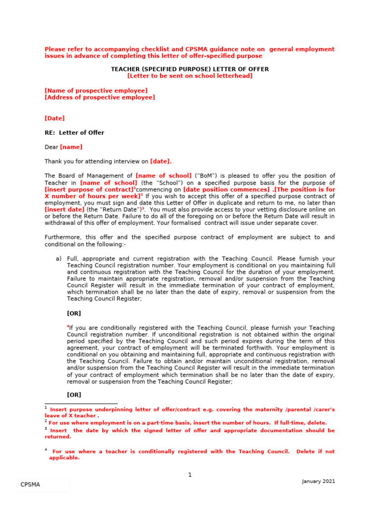 Teacher Specified Purpose Offer Letter | PDF | Employment | Teachers