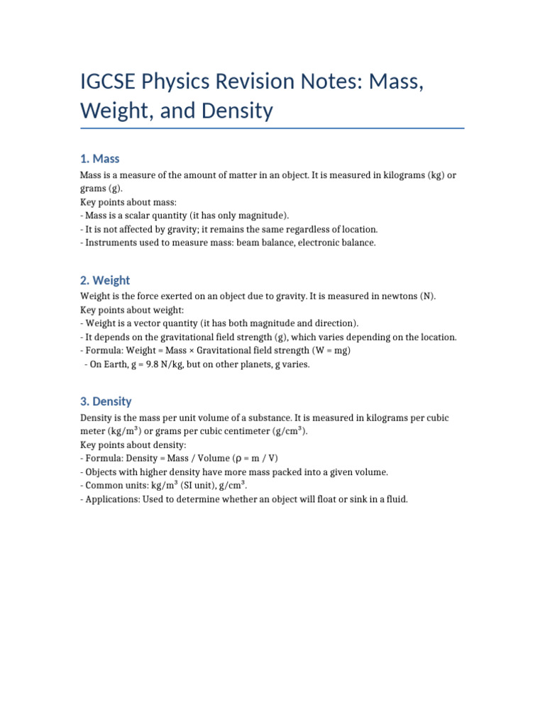 IGCSE Physics Mass Weight Density Revision Notes | PDF