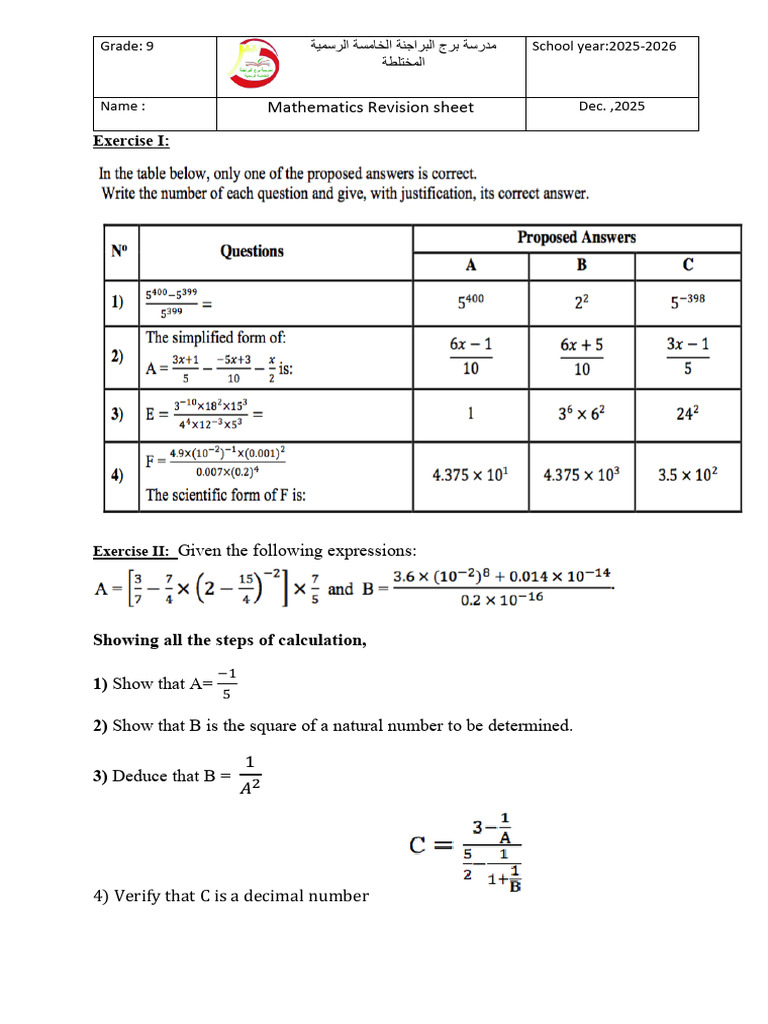 Revision Worksheet Gr.9 Dec | PDF | Circle | Triangle