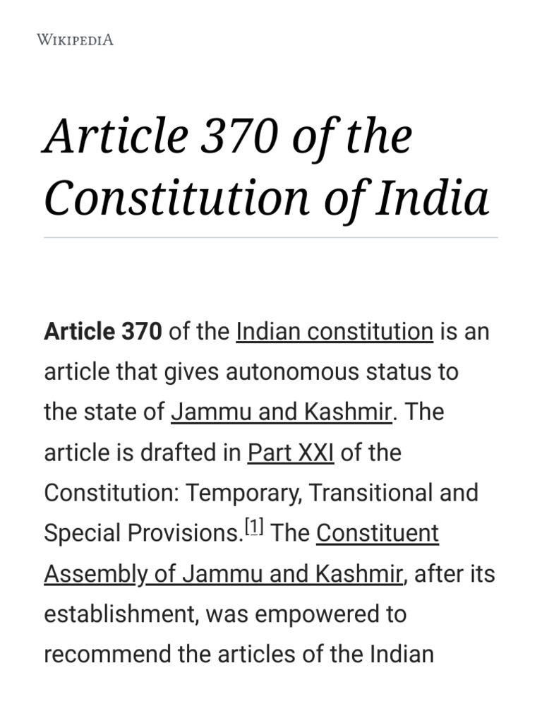 Article 370: Jammu and Kashmir's Autonomy | PDF | Politics Of India ...