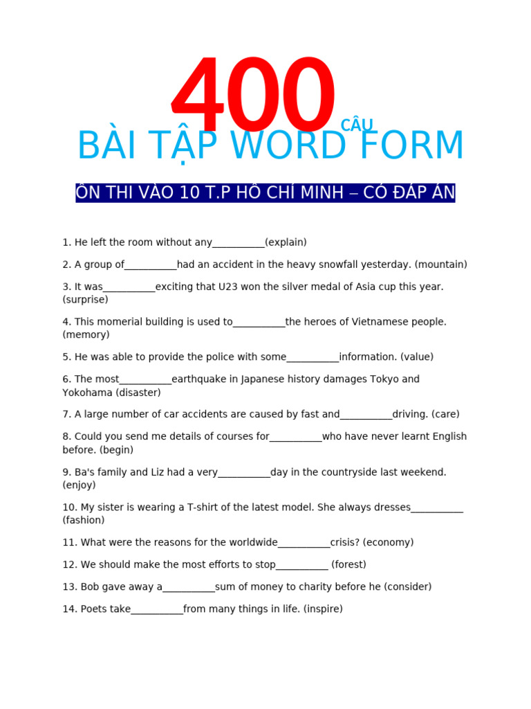 Word Form Exercises for 10th Grade Exam | PDF | Tsunami | Volcano