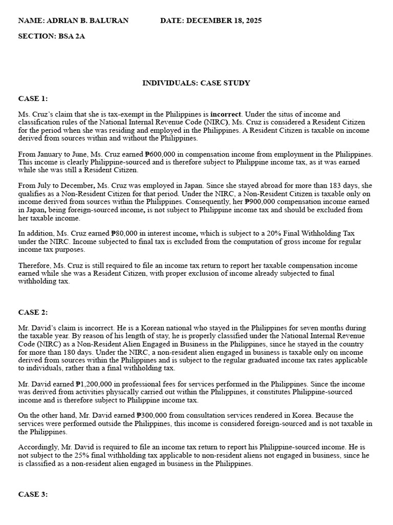 Philippine Tax Residency Case Studies | PDF | Taxes | Income Tax