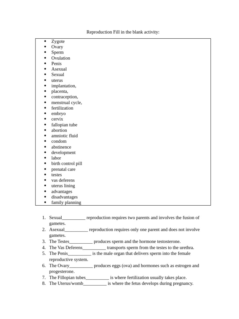 Reproductive Biology Fill-in-the-Blank Activity | PDF | Human ...
