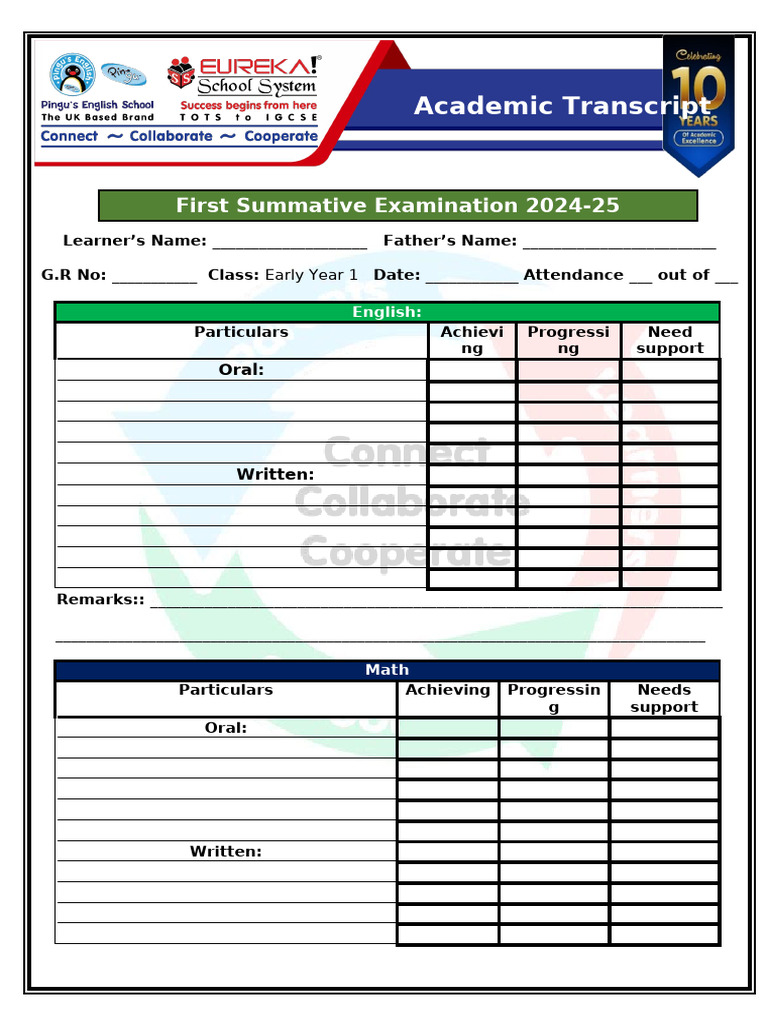 Early Year 1 Academic Transcript 2024-25 | PDF