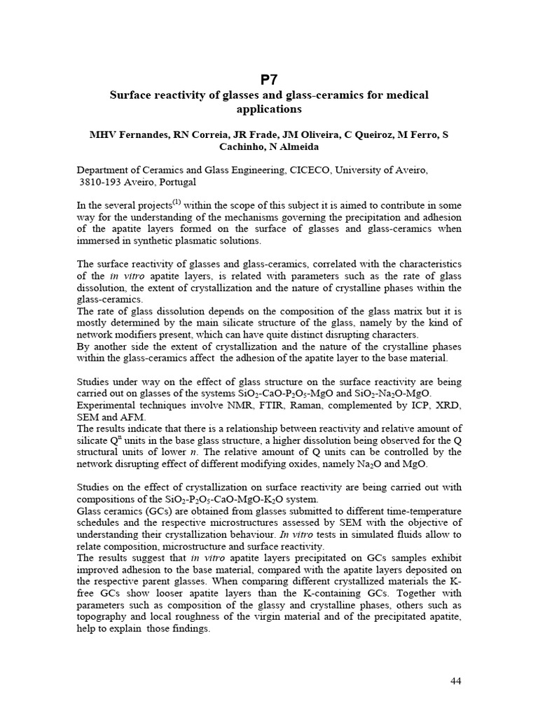Surface Reactivity of Silica-based Glasses and Glass-ceramics for ...