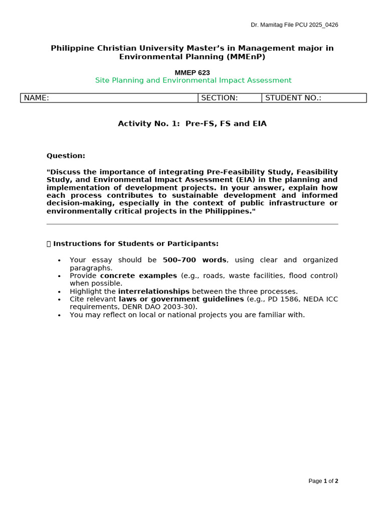 Activity No 1 PreFS FS and EIA | PDF