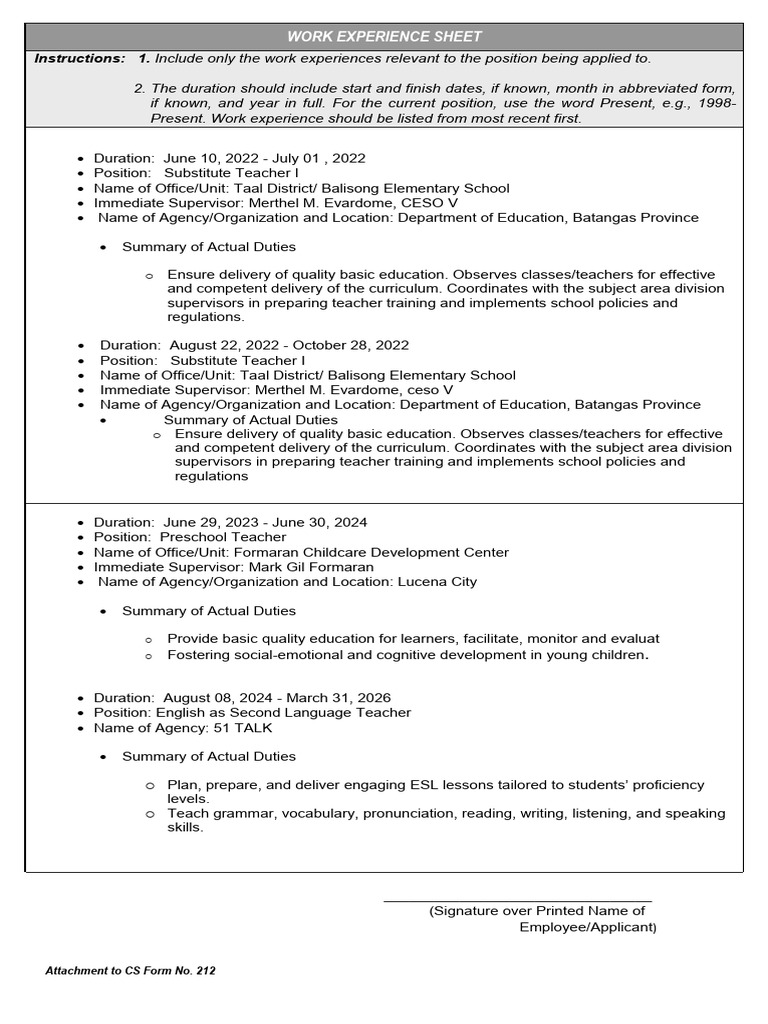 Work Experience Sheet for Educators | PDF | English As A Second Or ...