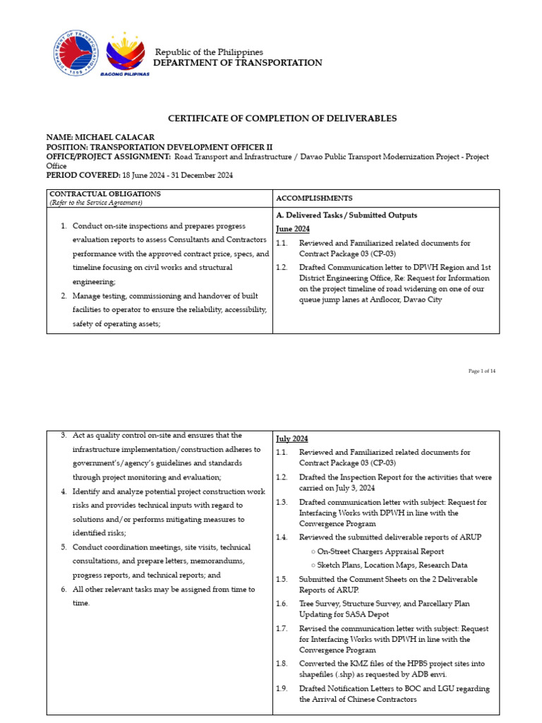 Certificate of Completion of Deliverables - CALACAR - Docx - 1 | PDF