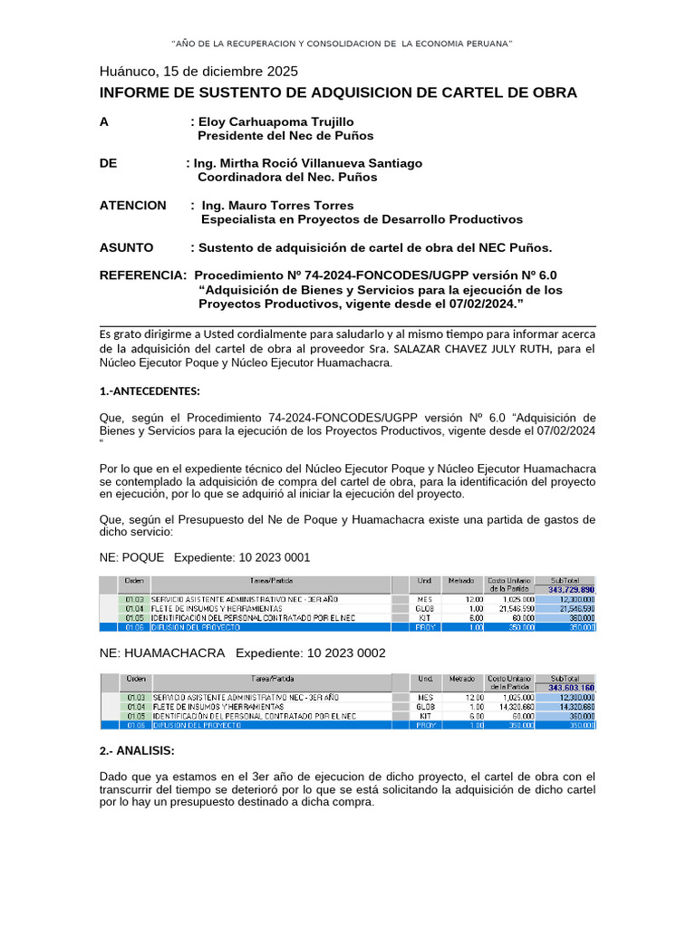 Informe de Sustento de Cartel de Obra | PDF