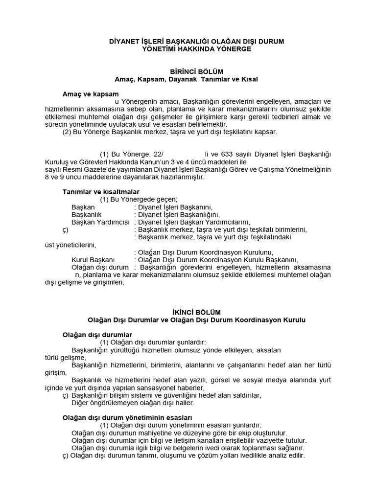 DİB Olağan Dışı Durum Yönetimi HK Yönerge 2020! | PDF