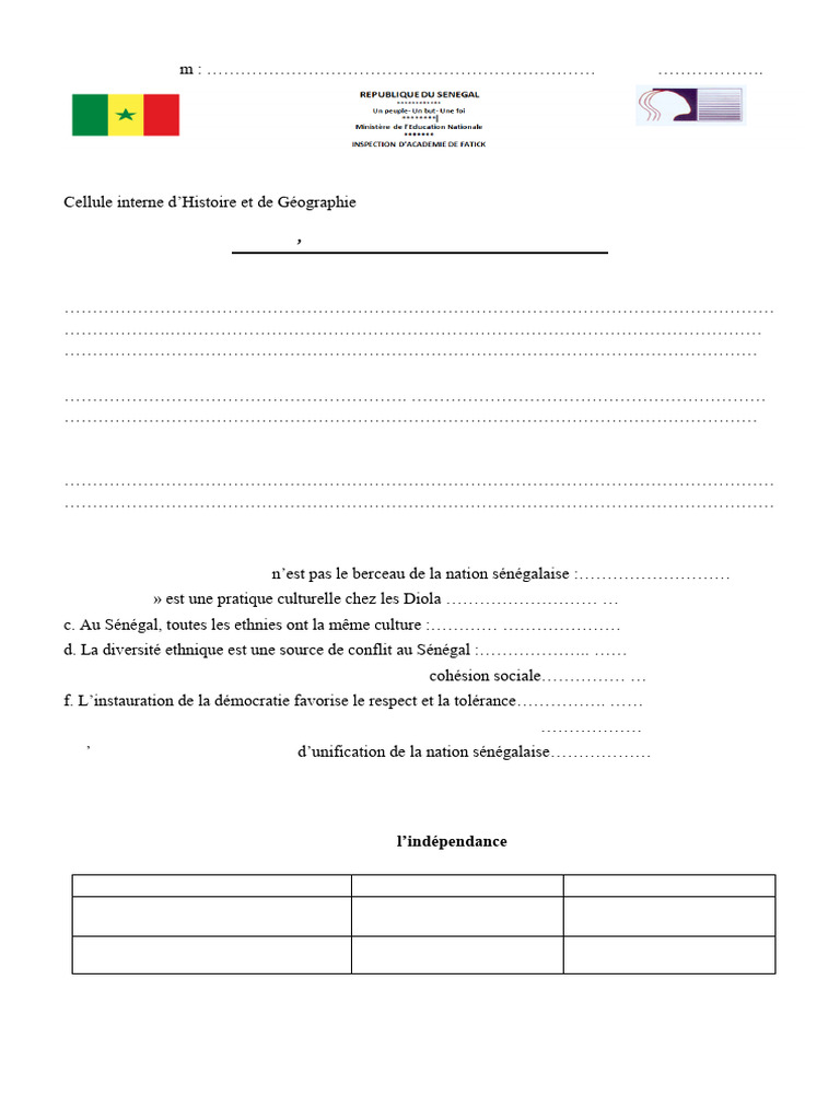 Devoir d'Éducation Civique : Nation Sénégalaise | PDF