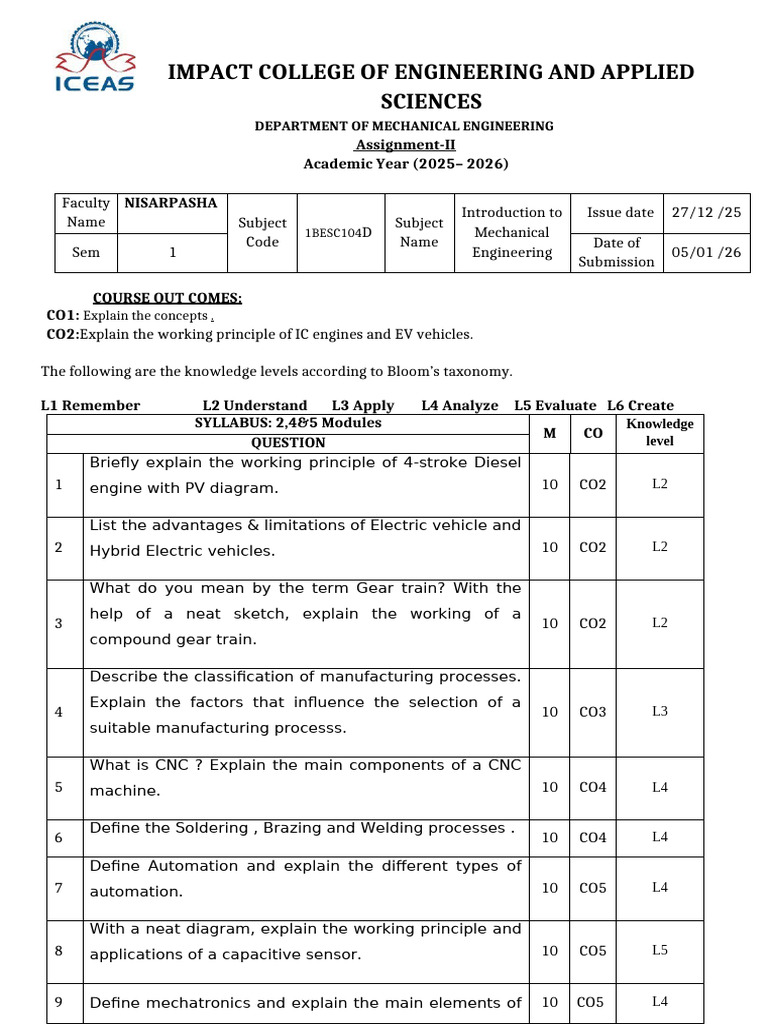 Mechanical Engineering Assignment 2025-26 | PDF | Engineering ...