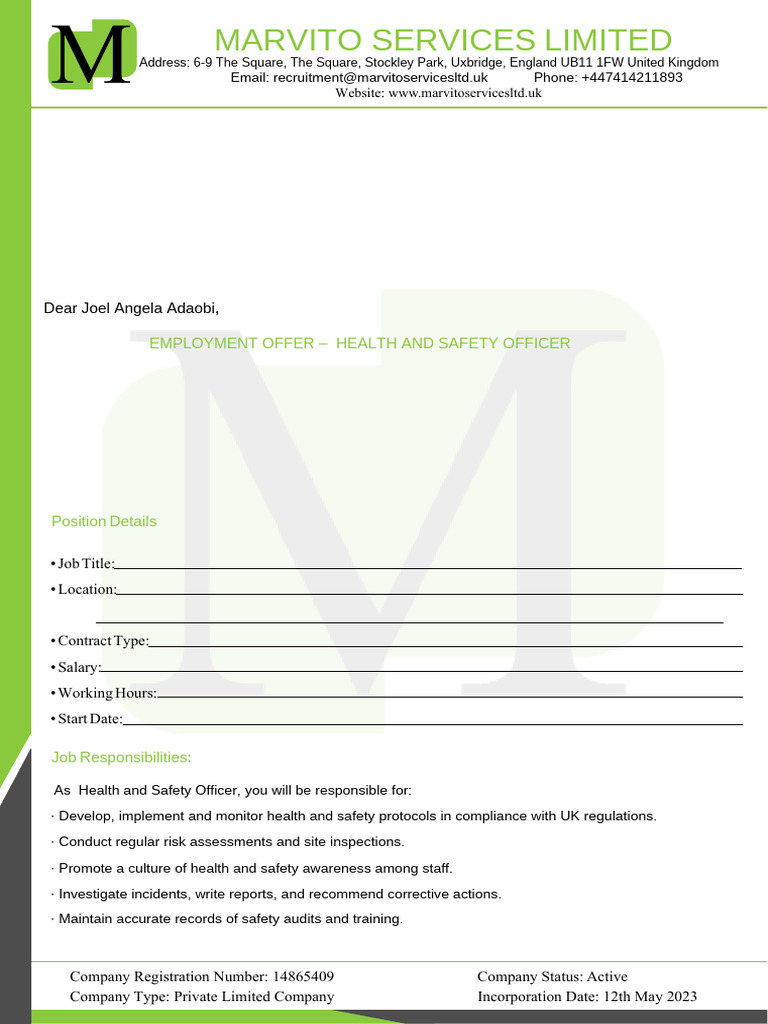 Marvito Services Limited Employment Offer Letter-joel Angela Adaobi ...