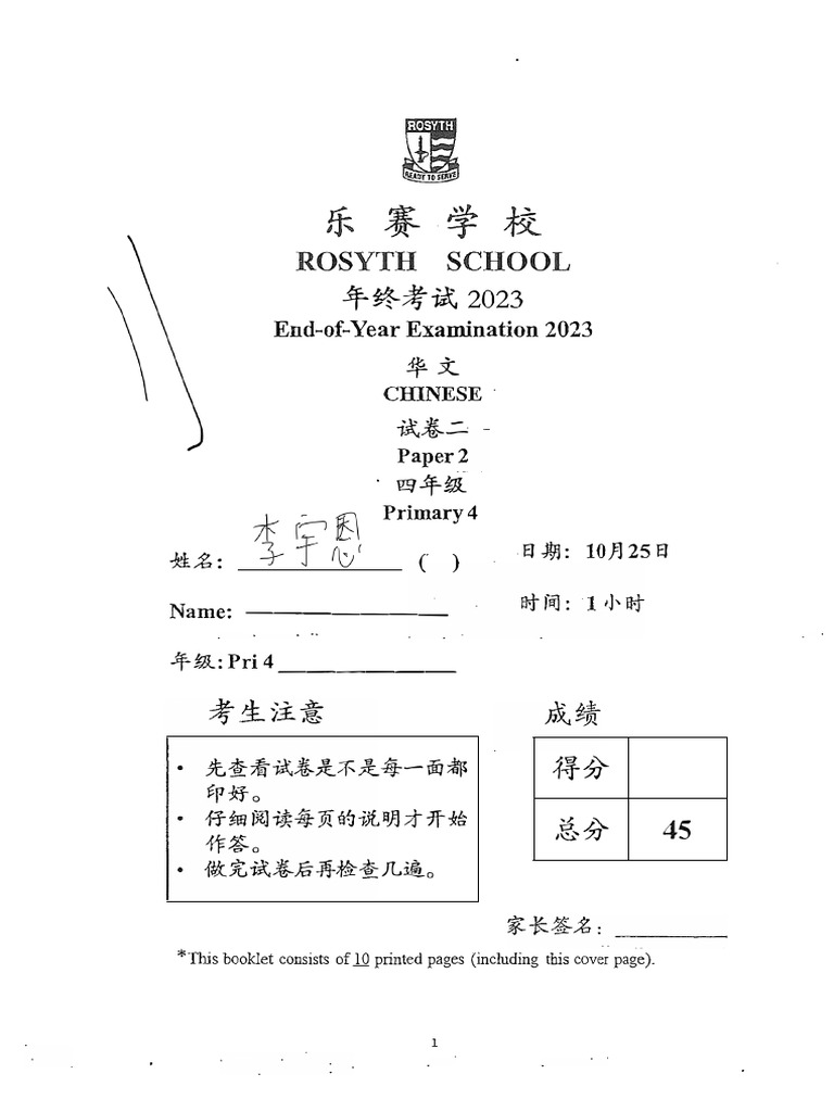 P4 Chinese EOY 2023 Rosyth Exam Papers | PDF