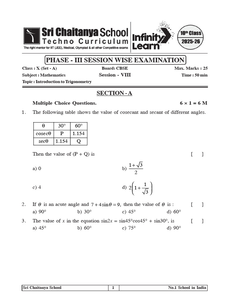 Class X CBSE Maths Trigonometry Exam | PDF | Trigonometric Functions ...