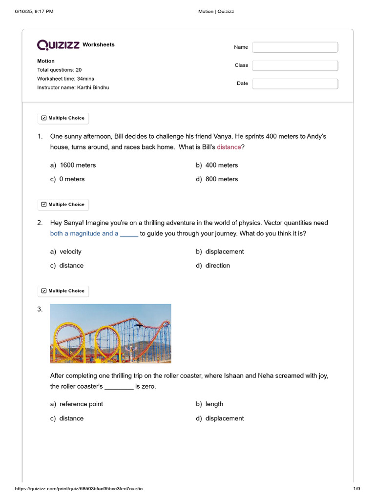 Motion - Quizizz Answer Grade 9 | PDF | Acceleration | Velocity