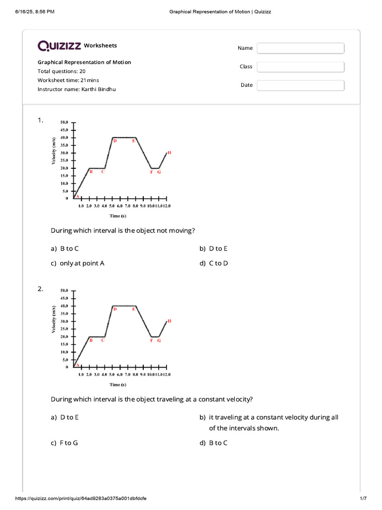 Graphical Representation of Motion _ Quizizz Grade 9 | PDF ...