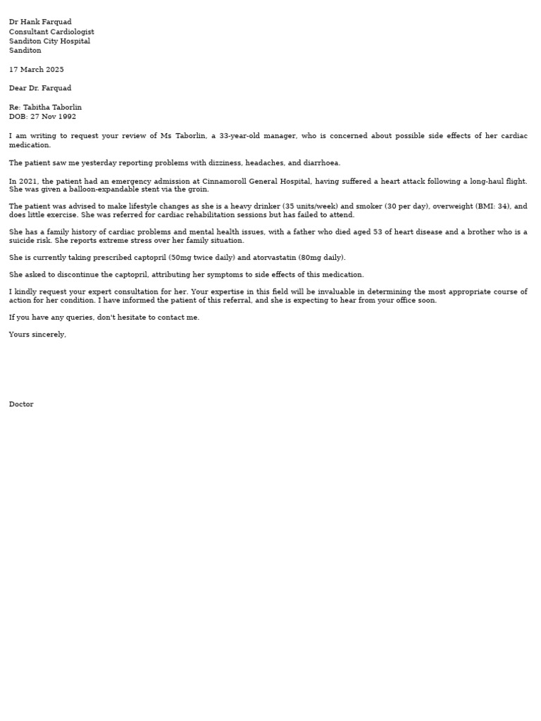 Cardiac Consultation Request for Tabitha Taborlin | PDF