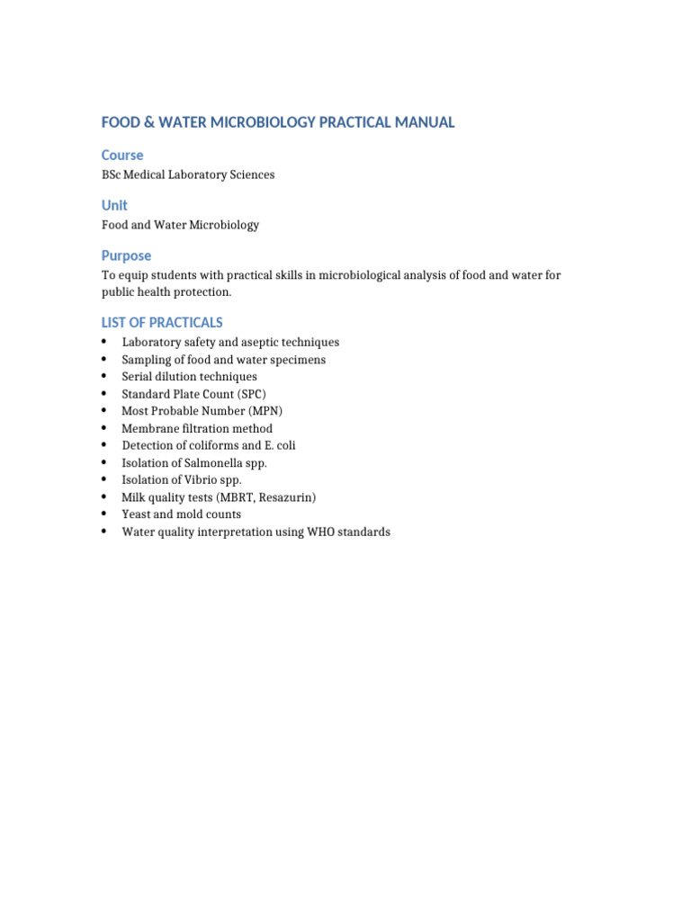 Food and Water Microbiology Practical Manual | PDF