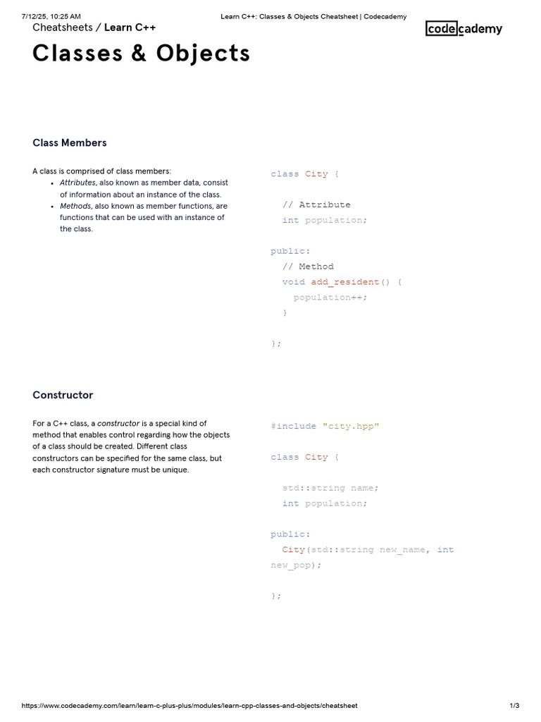 Learn C++_ Classes & Objects Cheatsheet _ Codecademy | PDF | Class ...