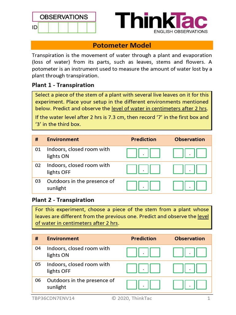 Potometer Experiment on Plant Transpiration | PDF | Water | Earth Sciences