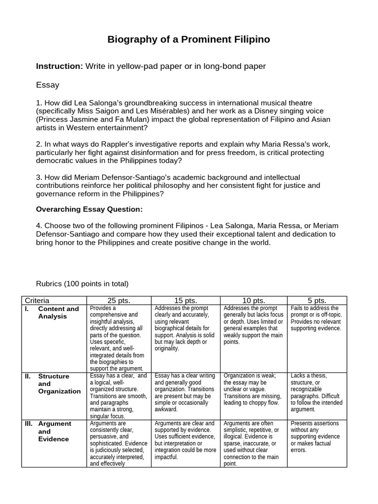 Activity in RPH Biography of A Prominent Filipino 1 | PDF | Essays ...