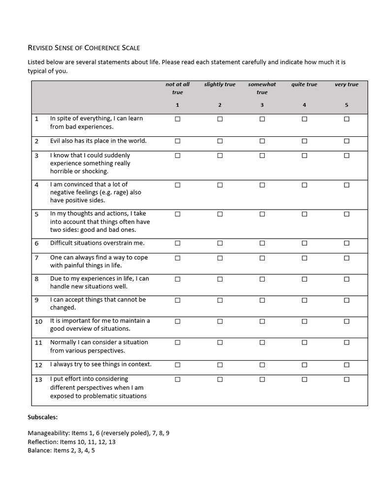 REVISED SENSE OF COHERENCE SCALE english | PDF | Psychological ...