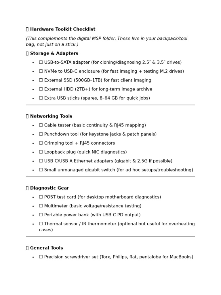 ? Hardware Toolkit Checklist | PDF