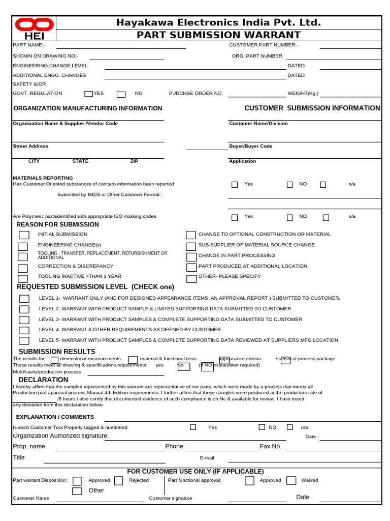 Part Submission Warrant Template | PDF