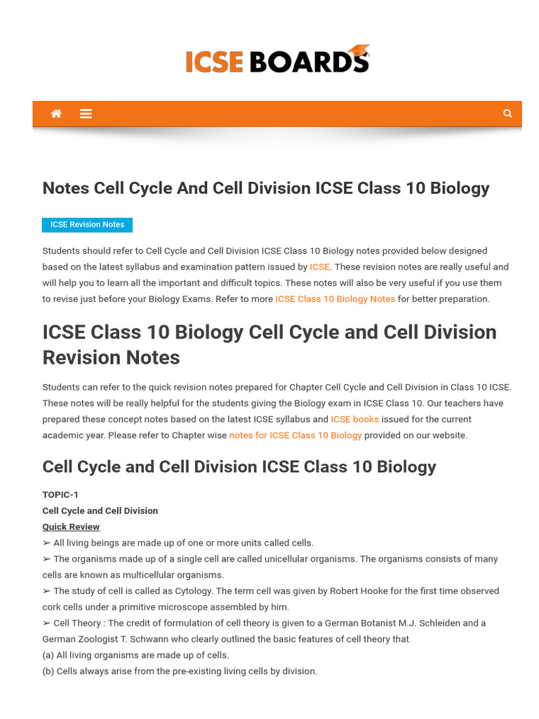 ICSE Class 10 Biology: Cell Cycle Notes | PDF | Mitosis | Chloroplast
