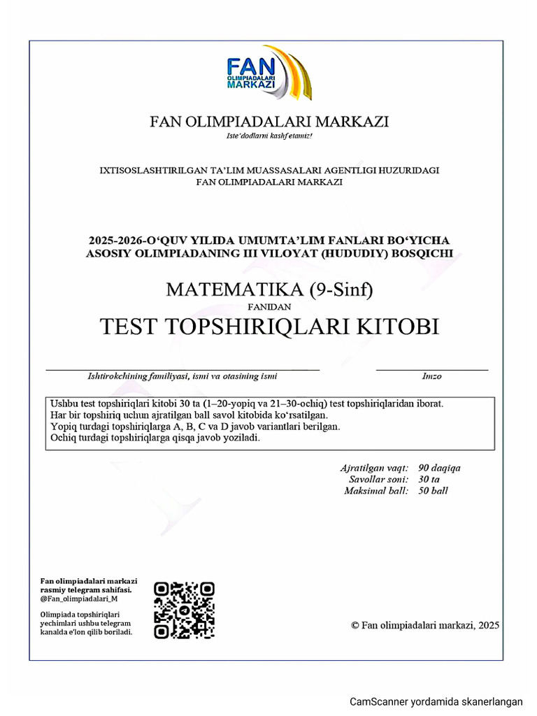 9-Sinf Test Viloyat 2025 | PDF
