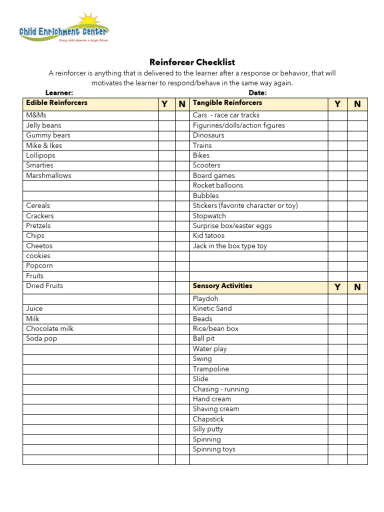 Reinforcer Checklist | PDF