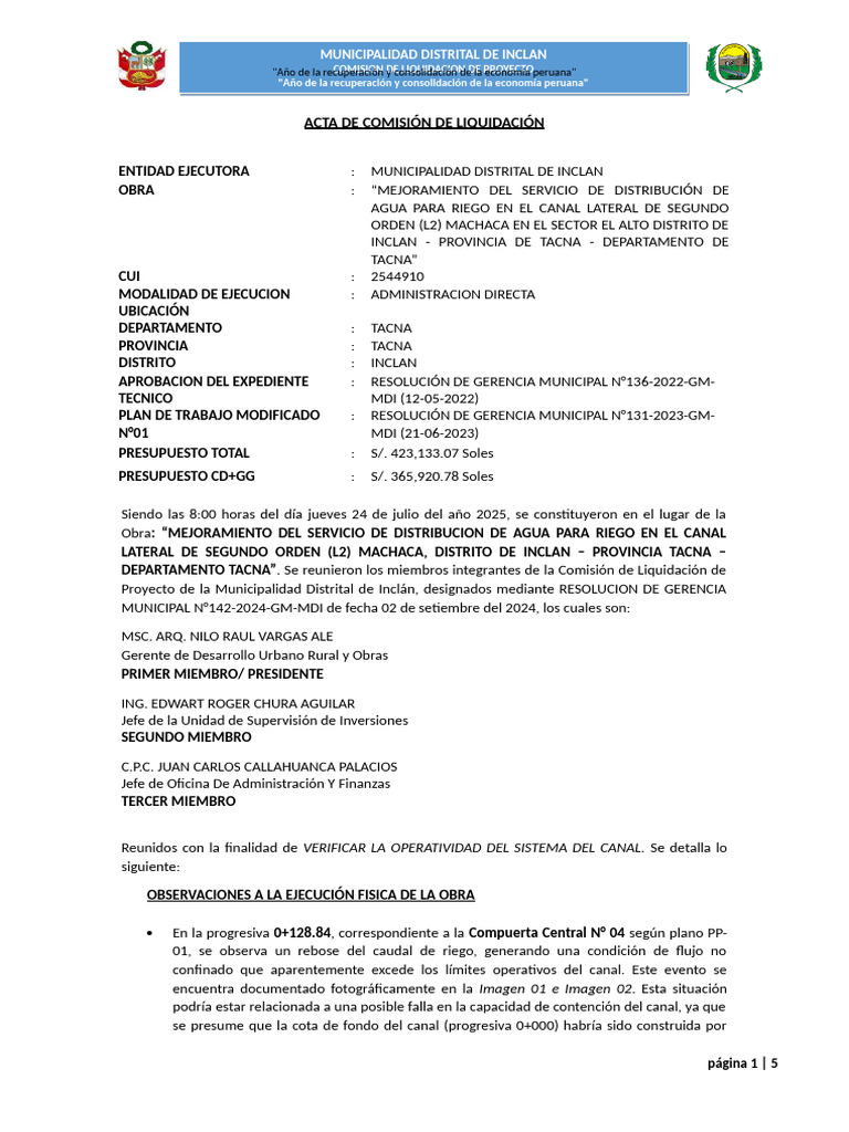 ACTA DE LIQUIDACIÓN DE OBRA-MACHACA | PDF | Perú