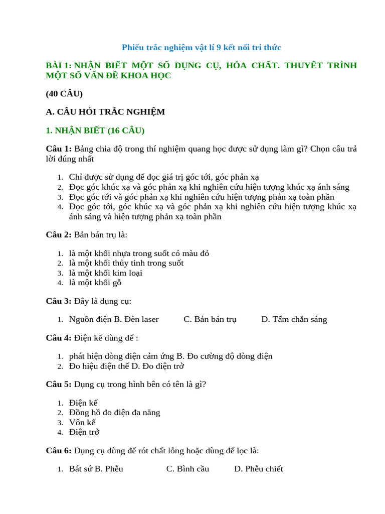 Phiếu Trắc Nghiệm Vật Lí 9 Kết Nối Tri Thức | PDF