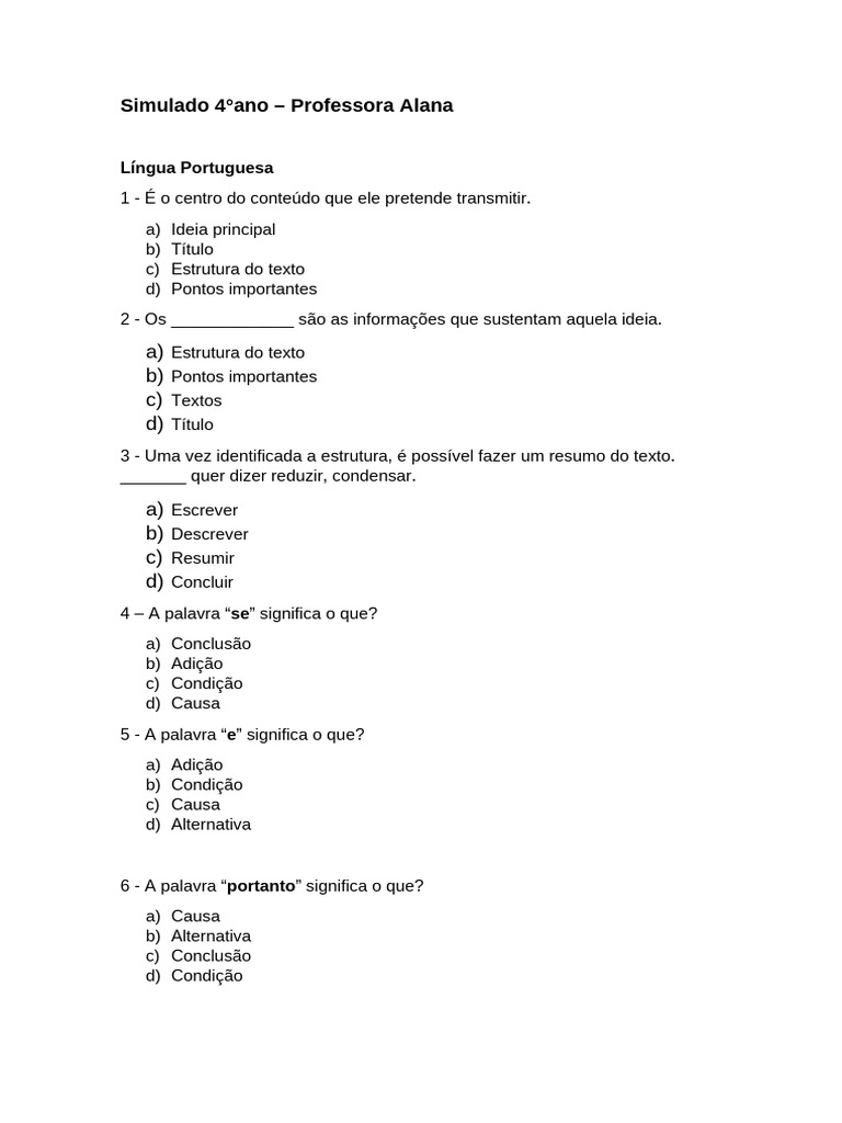 Simulado 4° ano | PDF | Calendário | Setor terciário da economia