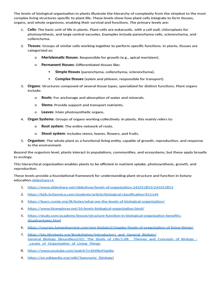 Levels of Biological Organization in Plants | PDF | Tissue (Biology ...
