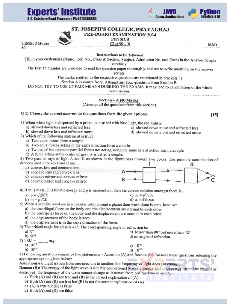 X SJC Pre Board Physics 2024-25 | PDF