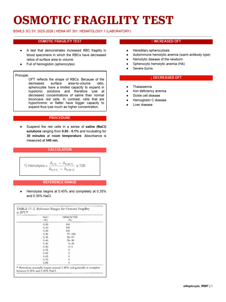 Osmotic Fragility & Reticulocyte Tests | PDF | Anemia | Red Blood Cell