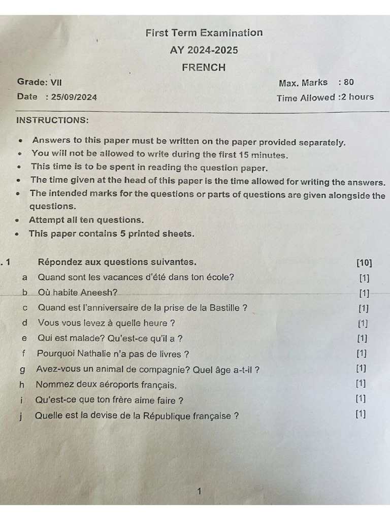 Term 1 2024 - 2025 French EXamination | PDF